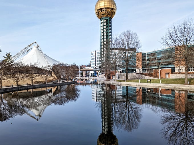 Part space-age relic, part architectural marvel, the Sunsphere reflects Knoxville's skyline in its golden panels like a jewel catching the Tennessee sun.
