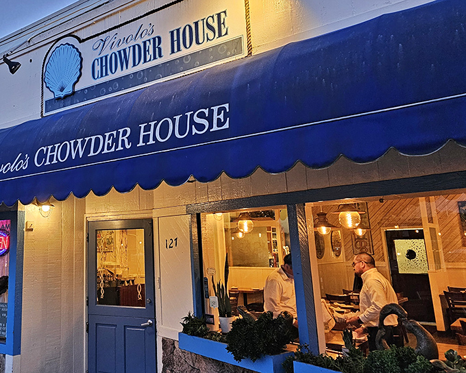 As evening falls, Vivolo's Chowder House glows with promise&mdash;each window framing the seafood happiness happening inside.
