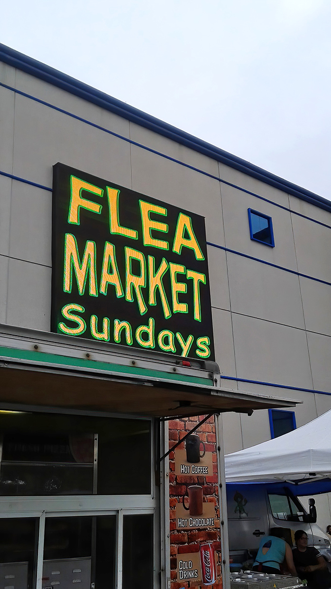 Bright lights, big bargains! The neon "Flea Market" sign beckons weekend warriors to Rosemont's legendary outdoor market.