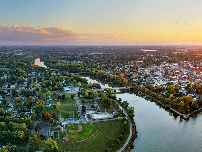 From above, Defiance reveals its true character&mdash;a town embraced by two rivers that curve around it like nature's own protective hug.
