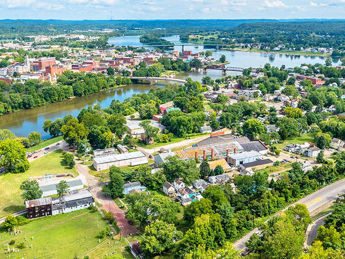 The confluence of the Ohio and Muskingum Rivers cradles Marietta in a watery embrace, showing why early settlers chose this strategic location.