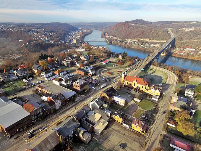 From above, Brownsville reveals its perfect positioning along the Monongahela River, where geography and history converged to create a natural crossroads.