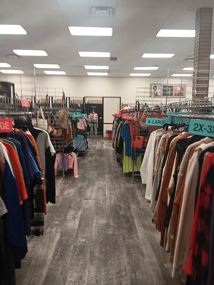 The thrill of the hunt distilled into one perfect aisle. Each rack holds potential fashion victories waiting to be discovered.