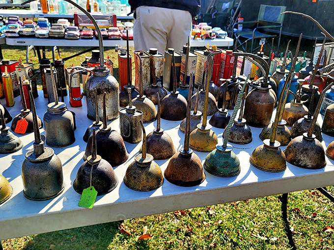 Oil cans that once lubricated America's machines now stand as miniature industrial sculptures. Each patina-rich vessel could tell tales of Model Ts and farm equipment past.