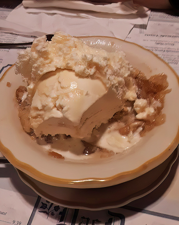 This apple dumpling isn't just dessert, it's an experience. Ice cream melting into warm pastry creates a symphony of textures worth every calorie.