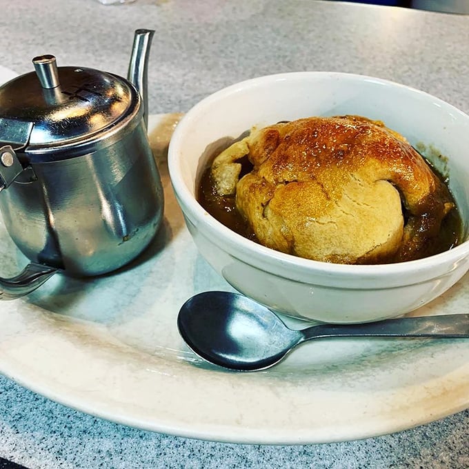 The apple dumpling that launched a thousand food pilgrimages. That metal creamer isn't for coffee&mdash;it's for pouring warm sweet cream over pastry perfection.