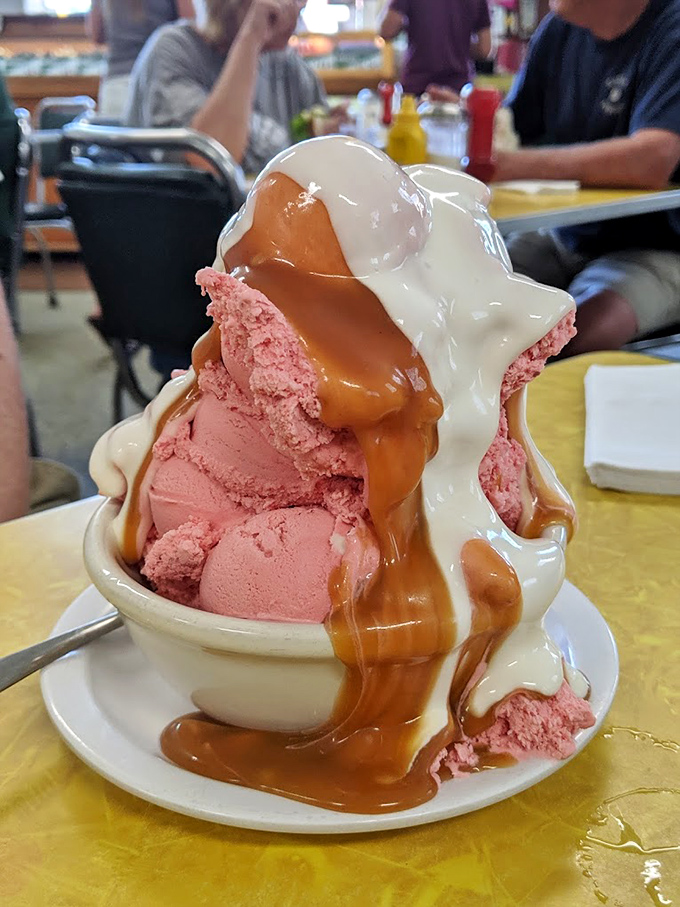 The strawberry sundae doesn't just have caramel sauce&mdash;it's wearing it like a designer outfit. Marshmallow cream adds the perfect accessory.