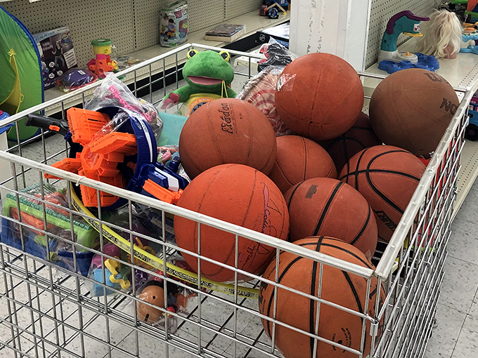 A bin of basketballs waiting for their second shot at glory&mdash;proof that even Michael Jordan's favorite toy deserves an encore performance.