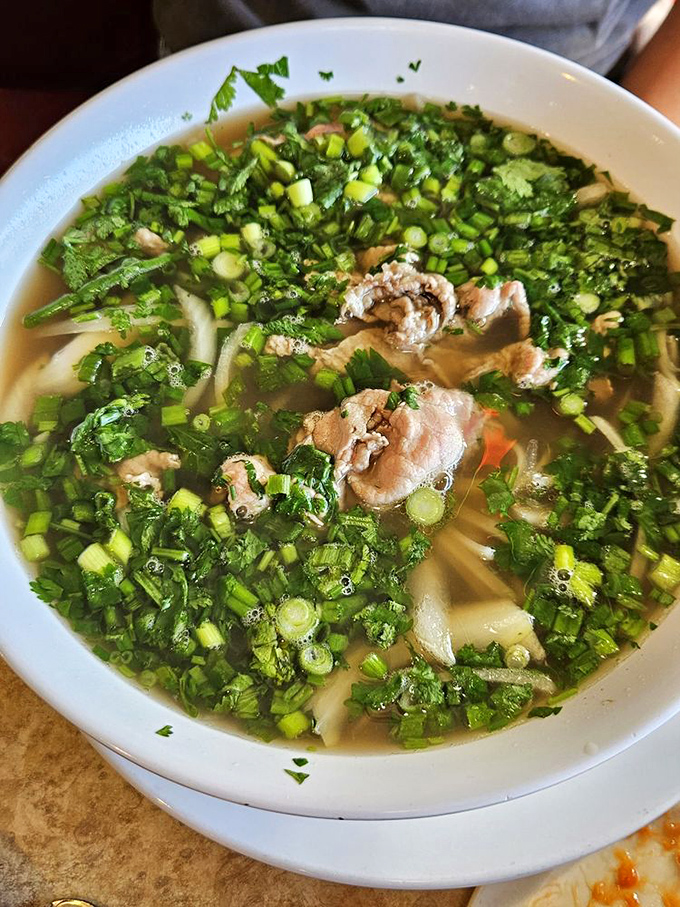 Not just a one-soup wonder! This herb-flecked pho bursting with fresh scallions proves the kitchen knows its way around broths of all nationalities.