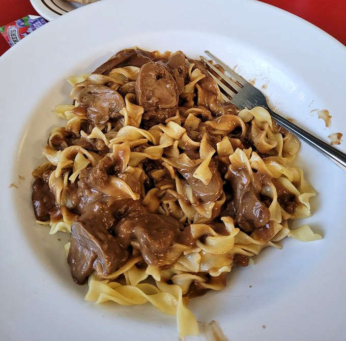 Beef stroganoff that your grandmother would approve of, assuming your grandmother was an exceptional cook. Those tender beef chunks are having a party with those egg noodles.