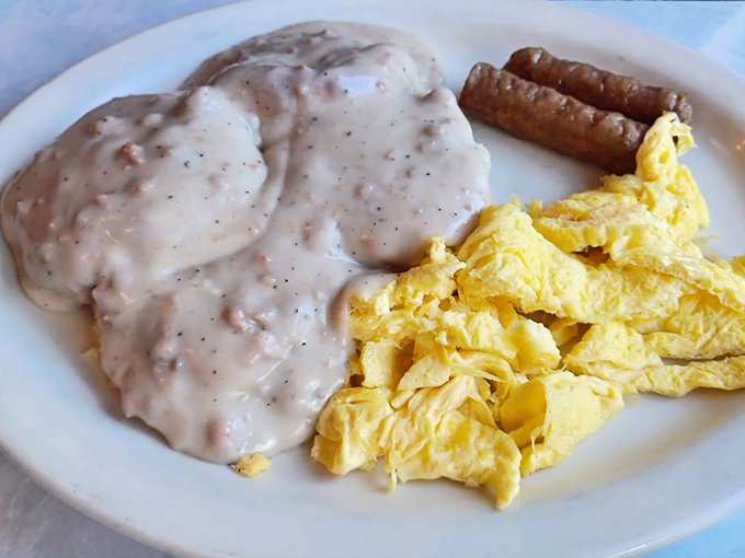Biscuits and gravy with scrambled eggs and sausage links &ndash; the breakfast that says, "Go back to bed afterward. You've earned it."