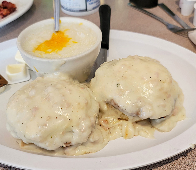 Biscuits and gravy: Southern comfort on a plate. These clouds of dough swimming in peppery sausage gravy could make even your cardiologist secretly jealous.