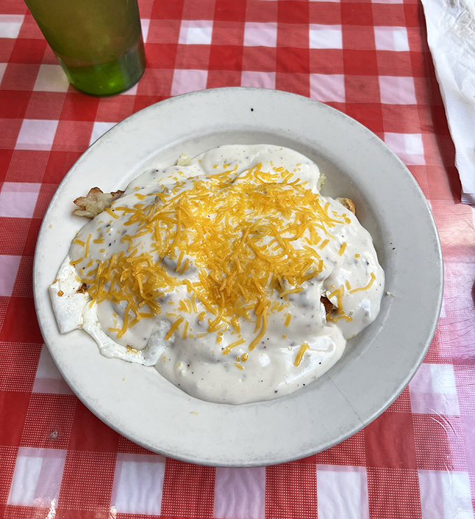 Biscuits and gravy that would make your grandmother both proud and jealous. That blanket of creamy white gravy topped with cheese is the security blanket you didn't know you needed.