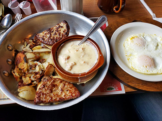 Biscuits swimming in country gravy alongside sunny-side eggs&mdash;a breakfast that says "good morning" with a hearty Pennsylvania accent.