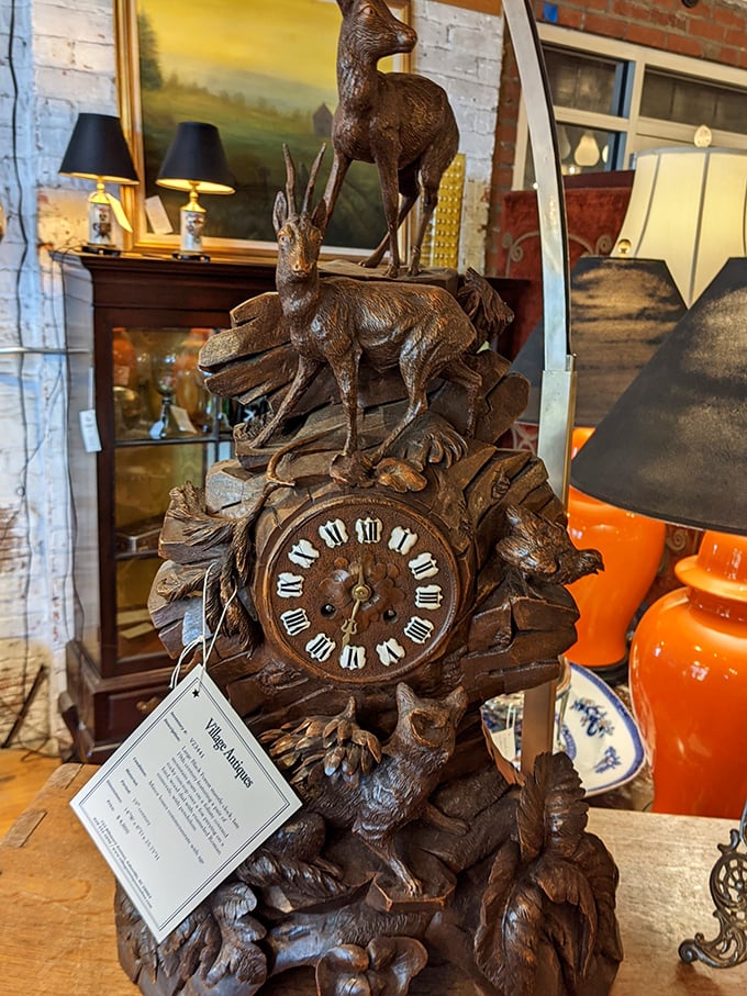 A Black Forest clock where woodland creatures keep time. Somewhere, a Bavarian craftsman is smiling that his handiwork found its way to the Blue Ridge Mountains.