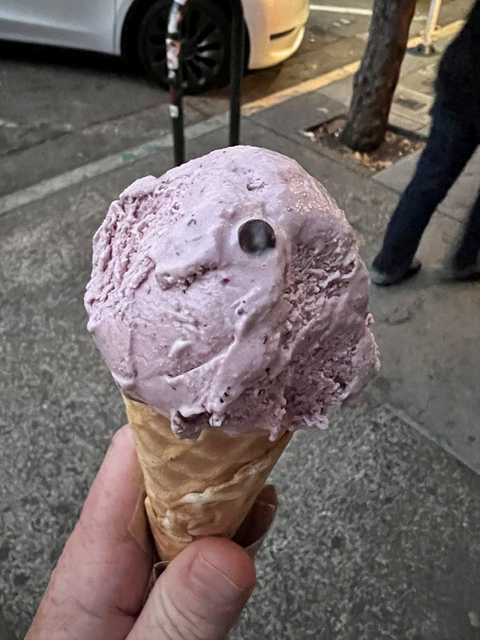 This purple-hued scoop isn't just ice cream&mdash;it's a berry revelation with chocolate punctuation marks.