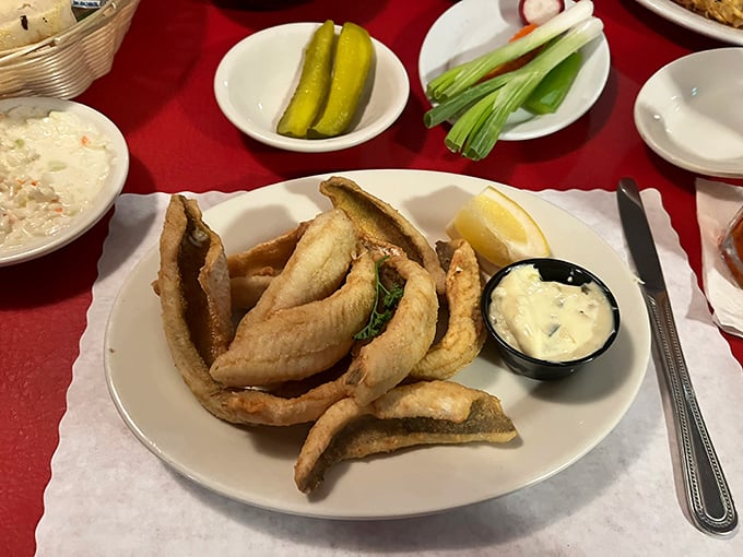 Bluegill so perfectly fried it makes you wonder why anyone bothers with fancy cooking techniques. That tartar sauce? Pure Wisconsin gold.