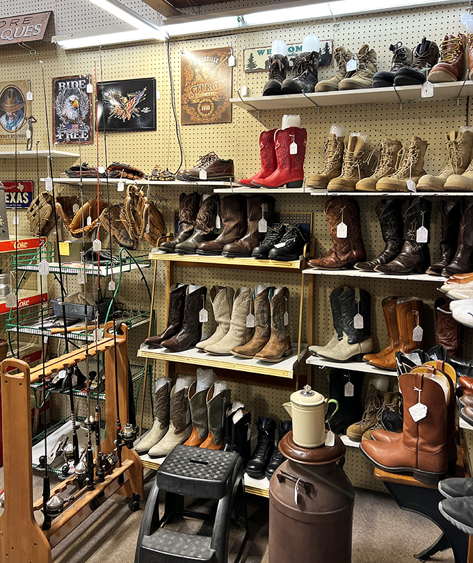 Cowboy boots lined up like a chorus line of leather-clad dancers, each pair waiting for its next adventure across Missouri soil.