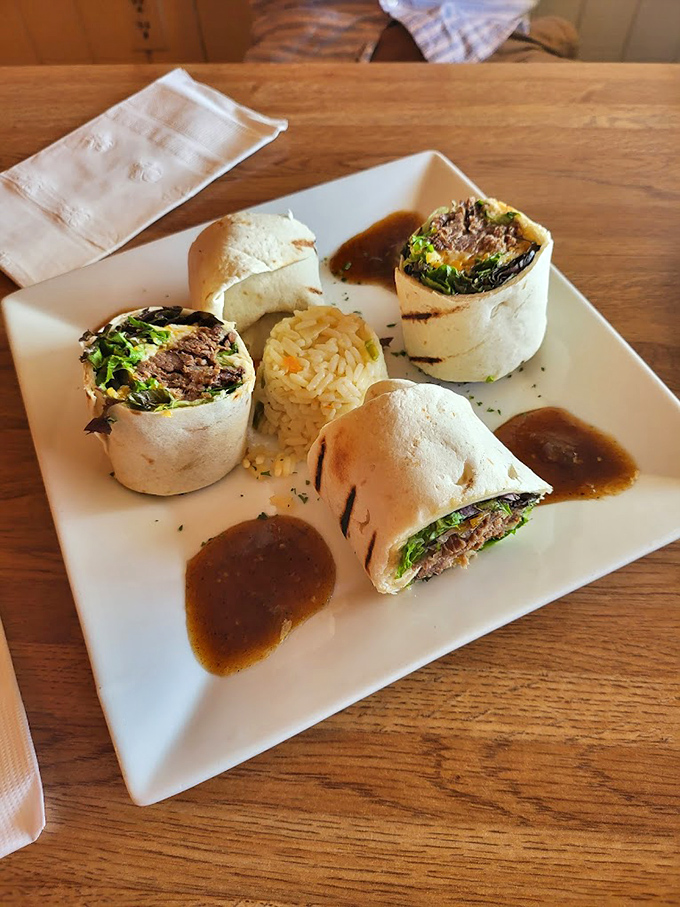 Beef tacos elevated to art form. The rice pilaf centerpiece is like the town square where all the delicious flavors gather to socialize.