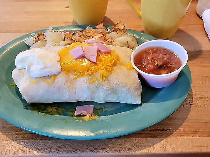 This breakfast burrito doesn't just say good morning&mdash;it shouts it with melted cheese, ham chunks, and a salsa sidekick that means business.