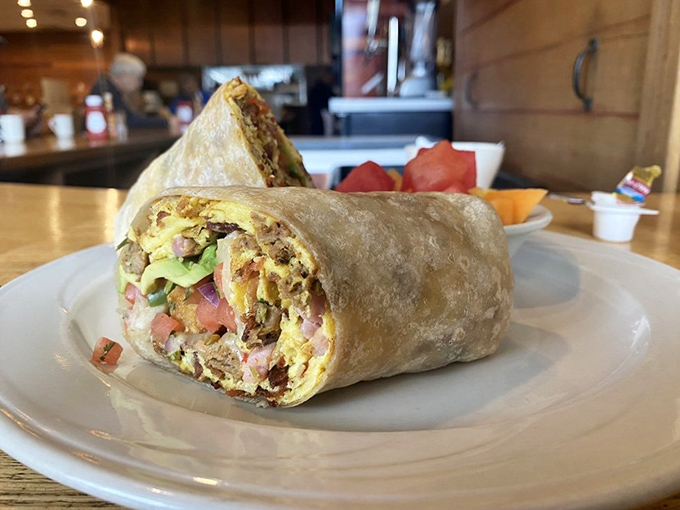 The breakfast burrito—nature's most perfect way to ensure all your favorite morning foods arrive in your mouth simultaneously.