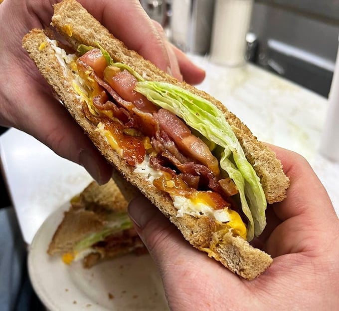 Breakfast brilliance between bread. This hearty sandwich stacked with bacon, egg, and cheese proves Duly's mastery extends well beyond their famous coneys.