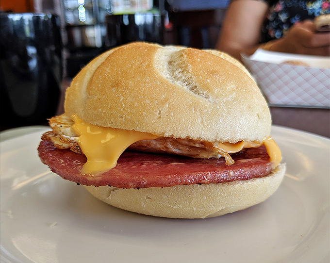 Behold the humble breakfast sandwich elevated to art form. That melty cheese cascading over Taylor ham creates a morning masterpiece worth setting alarms for.