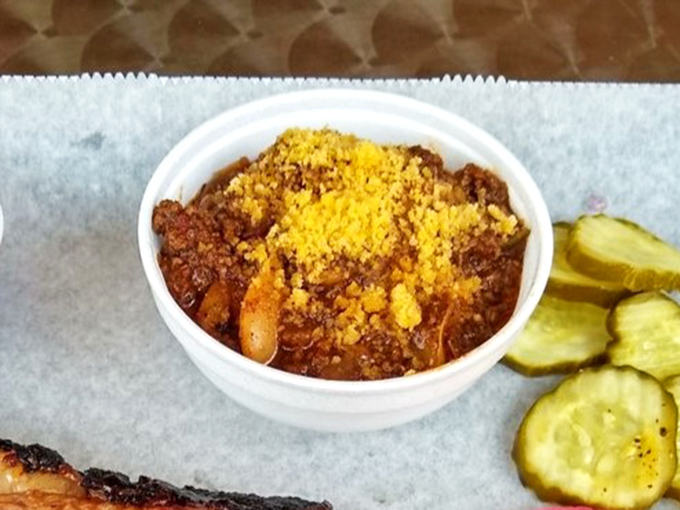 Brisket chili topped with cornbread crumbles? This is what comfort food dreams are made of. The pickle slices add that perfect tang.