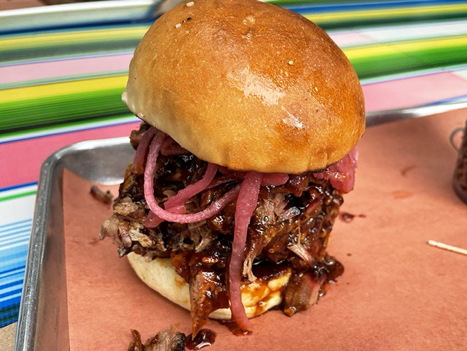 Not just a sandwich but a spiritual experience &ndash; chopped brisket crowned with pickled red onions on a pillowy bun.