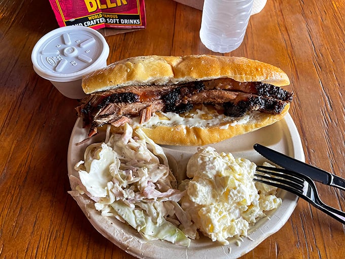 This brisket sandwich isn't just lunch&mdash;it's an event, flanked by creamy coleslaw and potato salad that know their supporting roles and play them perfectly.