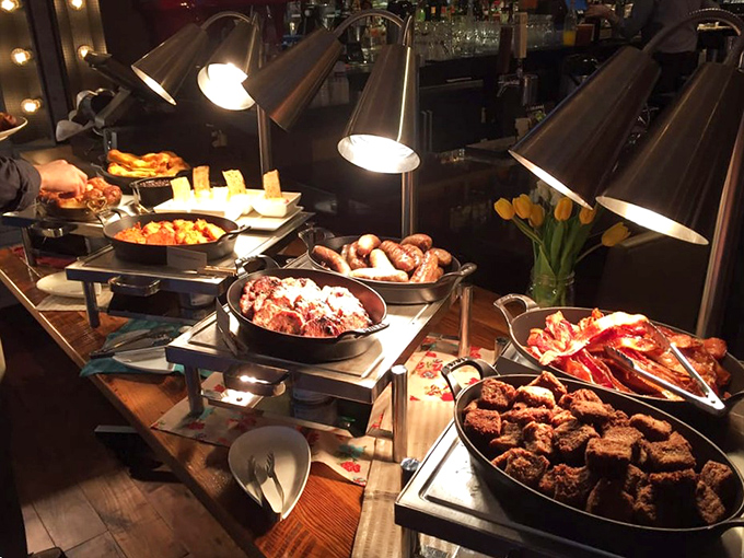 Brunch buffet nirvana! Heat lamps standing guard over these treasures like culinary sentinels protecting the weekend's most sacred ritual.