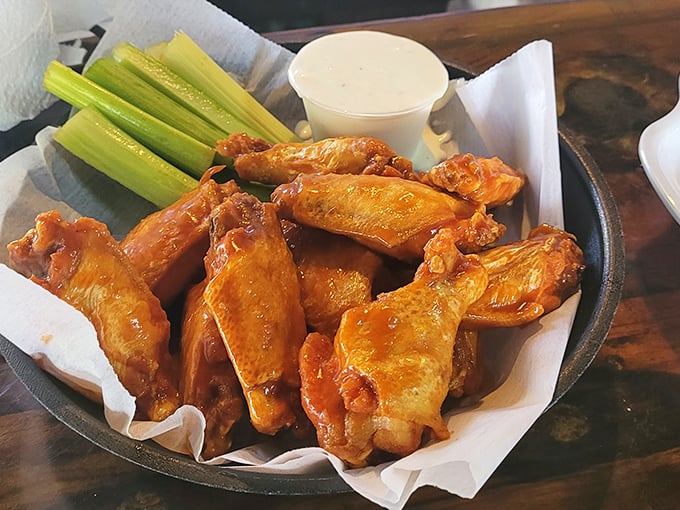 Buffalo wings that would make even a Buffalo native weep with joy. Crispy, saucy perfection served with the obligatory celery sticks&mdash;nature's edible napkins.