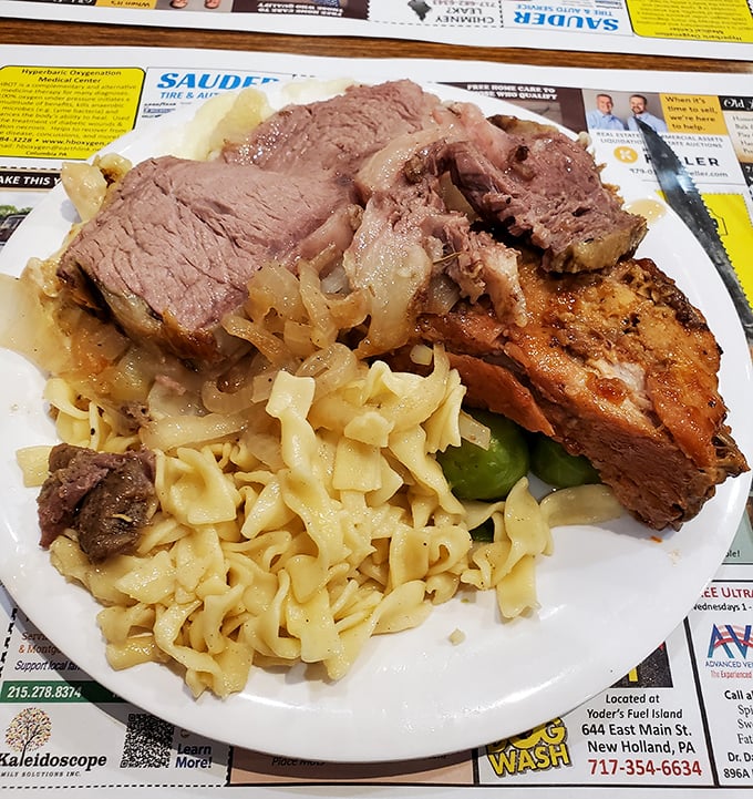 Those legendary butter noodles sharing the spotlight with perfectly cooked roast beef. A plate that answers the eternal question: "What does contentment taste like?"