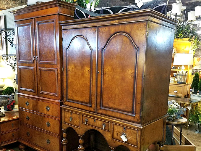 This isn't just furniture; it's functional art. That burled wood cabinet has probably witnessed more family dinners than most wedding caterers.