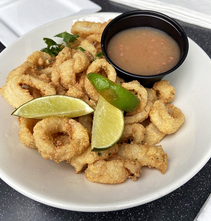 Golden calamari rings that would make any Italian grandmother nod approvingly at their crispy perfection.
