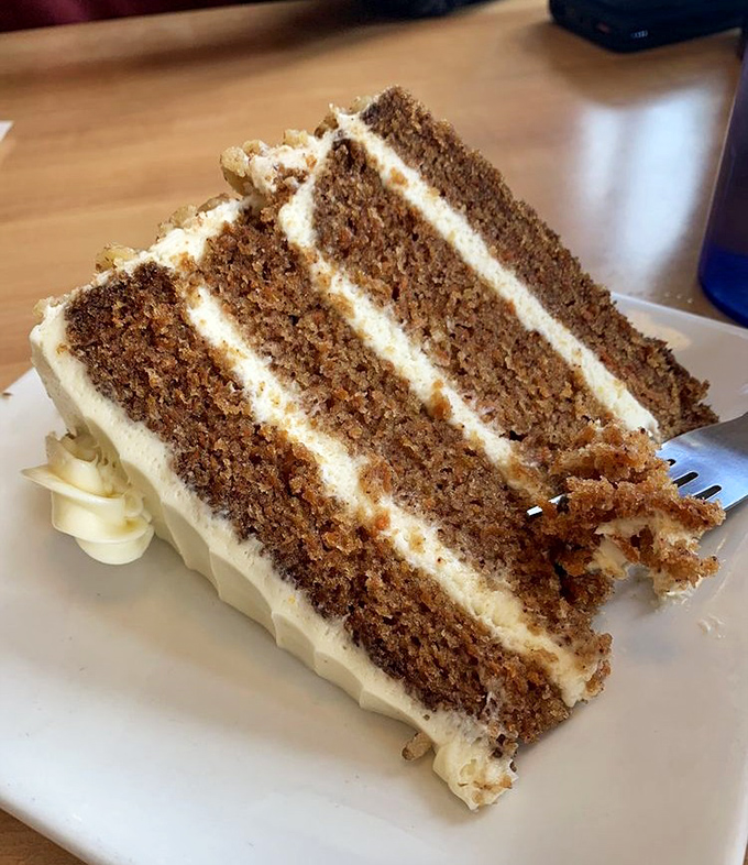 Layer upon layer of moist carrot cake with cream cheese frosting that would make your grandmother both proud and jealous. Worth saving room for.