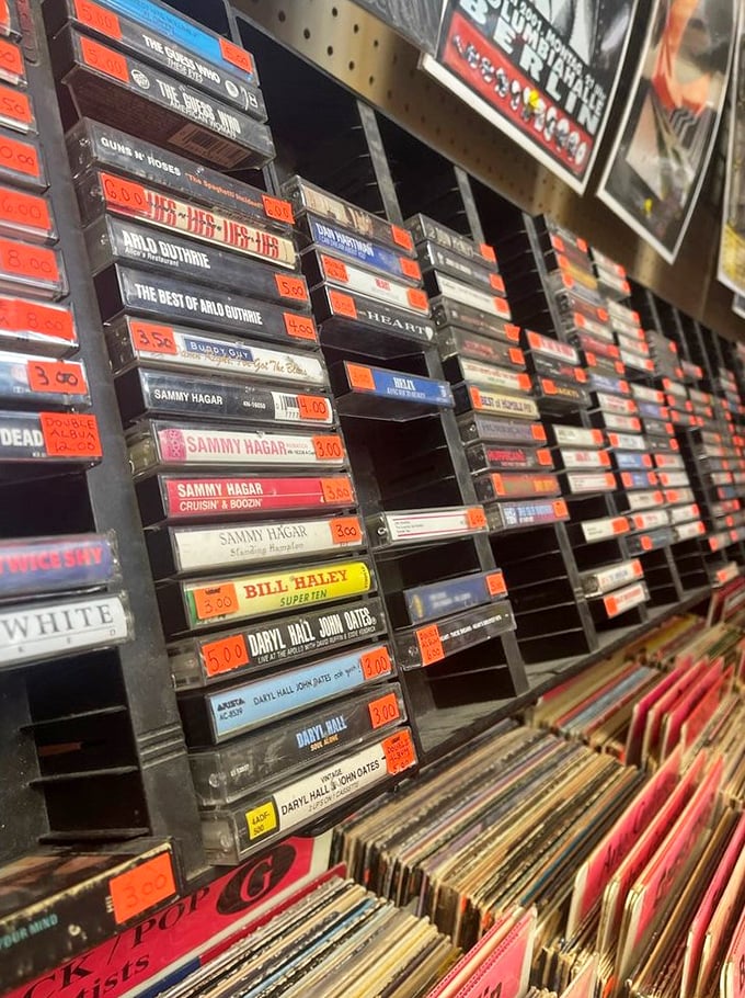 A music lover's time machine awaits in these meticulously organized cassettes. Sammy Hagar and Arlo Guthrie still waiting patiently for their next road trip.