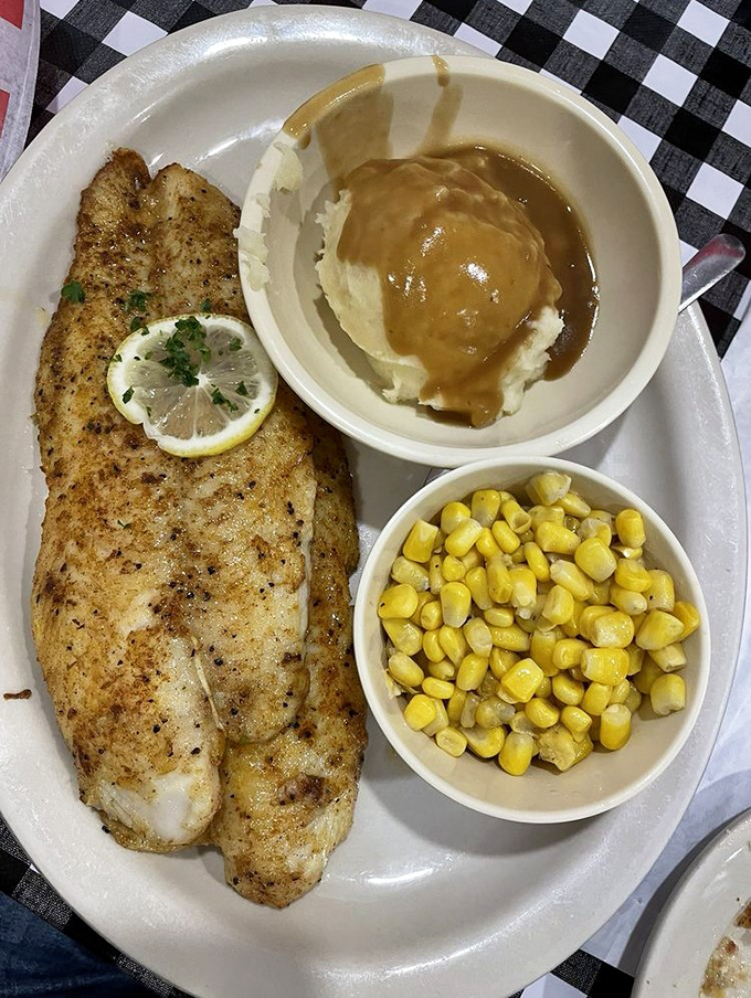 Perfectly seasoned catfish that flakes at the touch of a fork, served with mashed potatoes swimming in gravy and sweet corn that pops with every bite.
