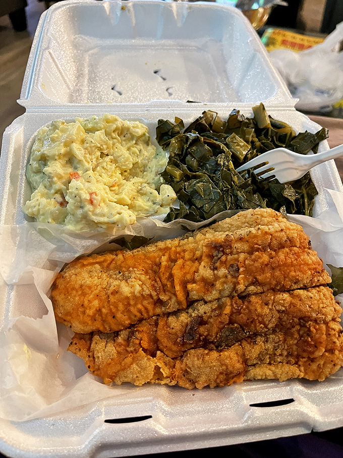 This catfish has the perfect crisp-to-tender ratio, while those collard greens and potato salad make a compelling case for the importance of sides.