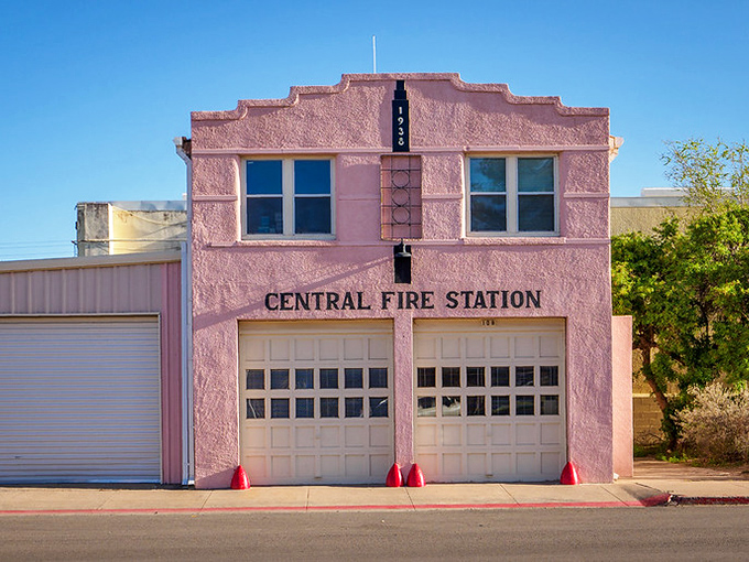 The pink Central Fire Station looks like it was plucked straight from a Wes Anderson movie—quirky, perfectly composed, and somehow exactly right for Marfa.