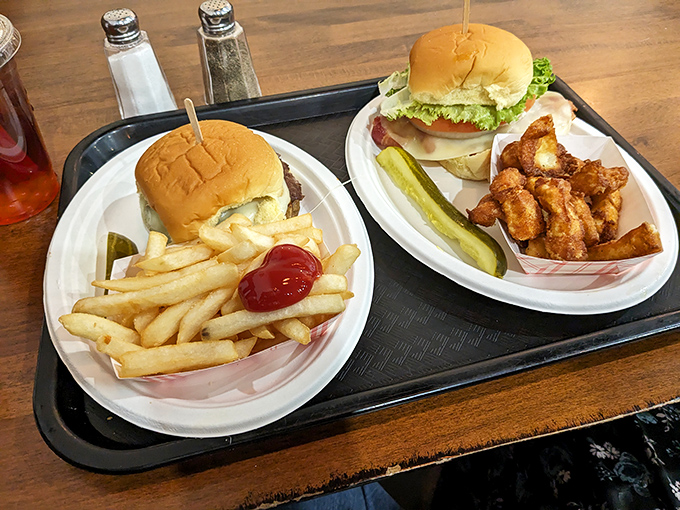 The humble cheeseburger gets the farm-fresh treatment, accompanied by golden fries that demand to be savored one at a time.