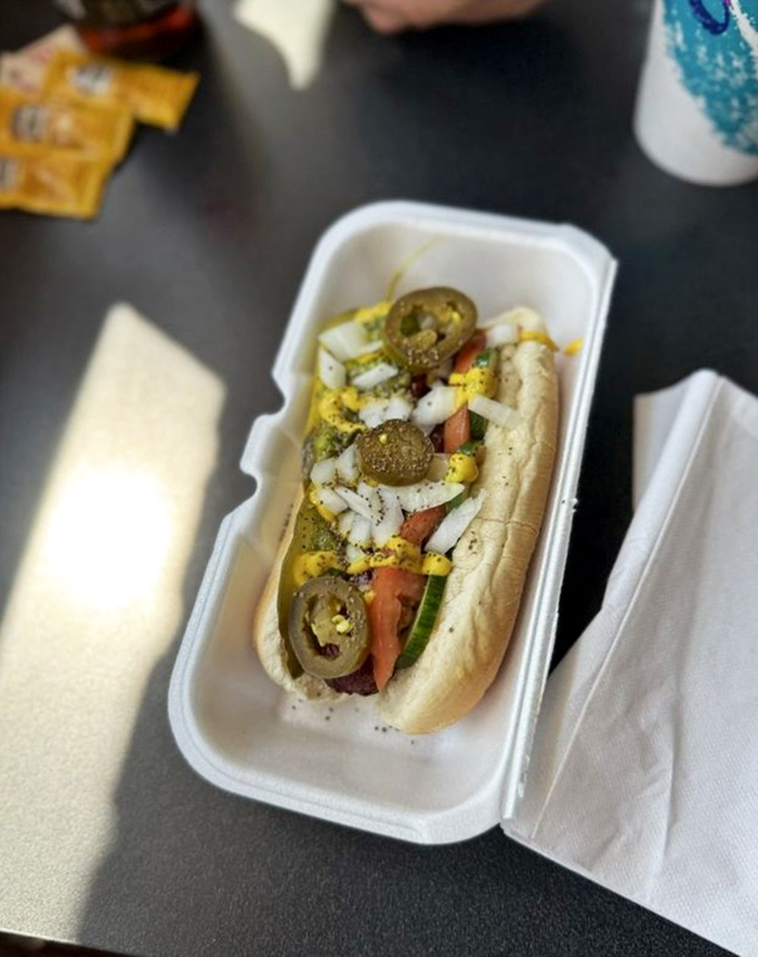Behold the Chicago dog in all its glory, loaded with traditional Windy City pride.