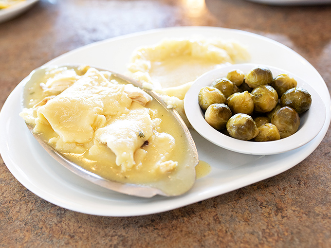 Chicken and dumplings with a side of Brussels sprouts&mdash;comfort food that would make your grandmother simultaneously proud and jealous.