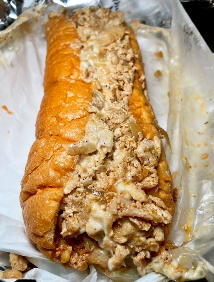The chicken cheesesteak proves that poultry can play in the big leagues. That golden roll cradles tender chicken like it was born for this purpose.