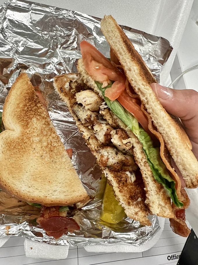 Not just a sandwich, but an architectural masterpiece of chicken, veggies, and toasted bread that puts most apartment buildings to shame.