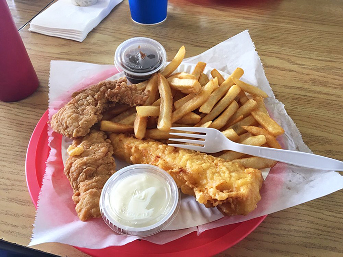 The ultimate combo&mdash;crispy chicken and fish with chips that could make a Brit homesick. This plate doesn't need a passport to transport you across the Atlantic.