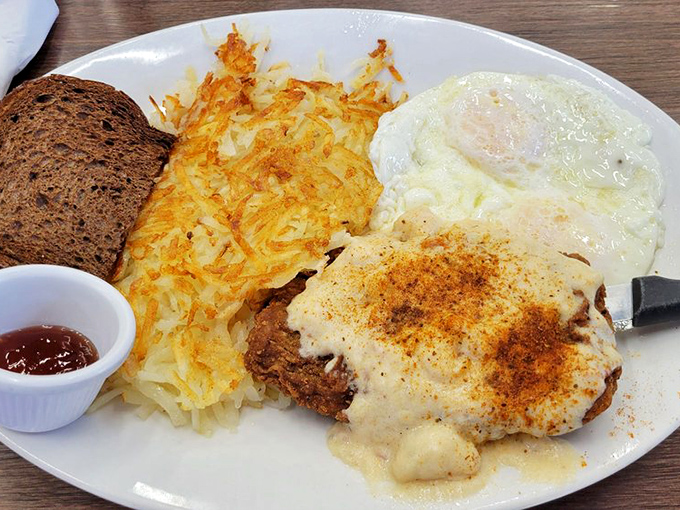 Chicken fried steak smothered in country gravy&mdash;the breakfast equivalent of a warm hug from your favorite aunt.