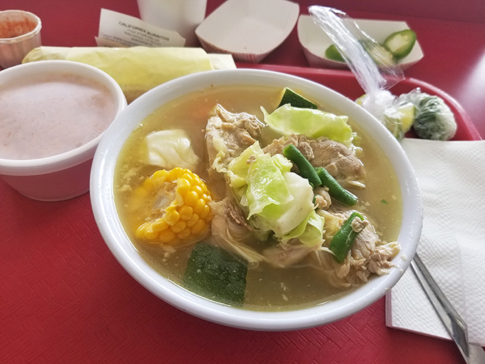 Not just burritos! Their chicken soup could make your grandmother question her recipe&mdash;chunks of corn, cabbage, and tender chicken in golden broth.