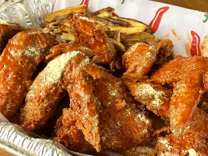 These wings glisten with sauce like they're auditioning for a food magazine cover. The kind of meal that makes conversation impossible except for "Mmmmm."