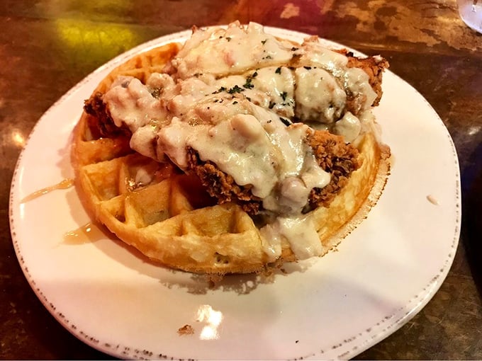 The star of the show: golden-brown chicken perched atop a Belgian waffle like it owns the place. This sweet-savory masterpiece has launched a thousand road trips.
